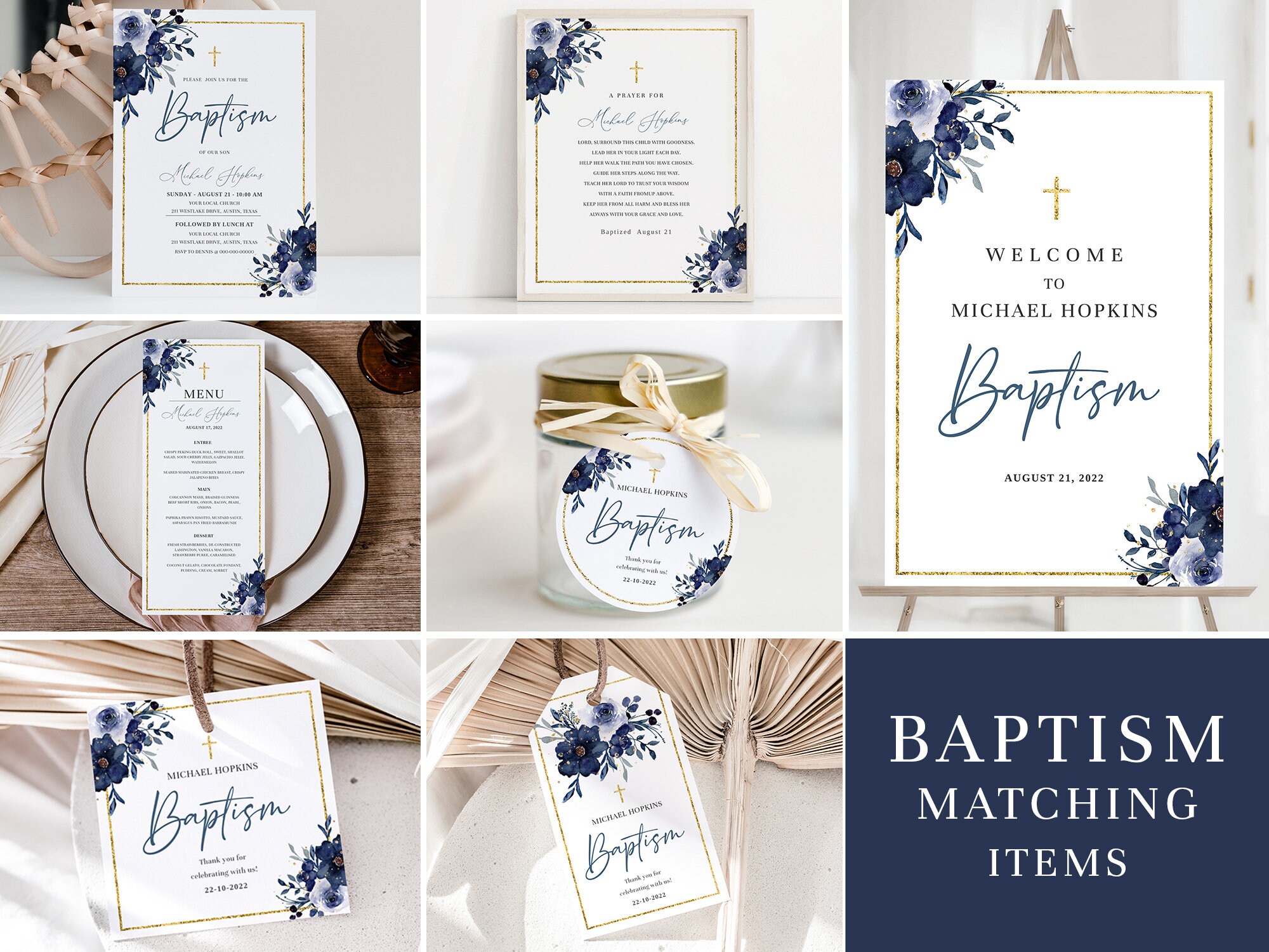 Blue Baptism Menu Template Blue Gold Baptism Menu Watercolor - Etsy