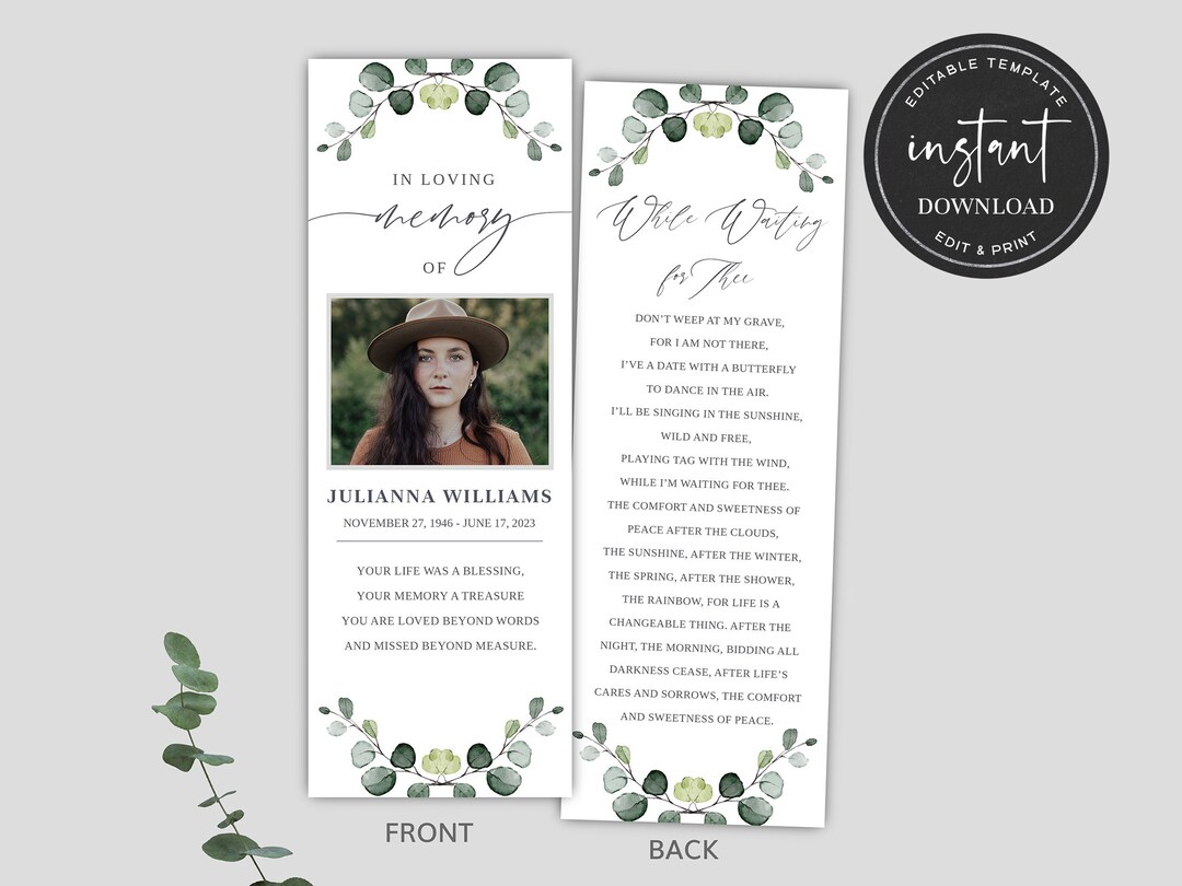Greenery Funeral Bookmark Template, Greenery Memorial Bookmark Template ...
