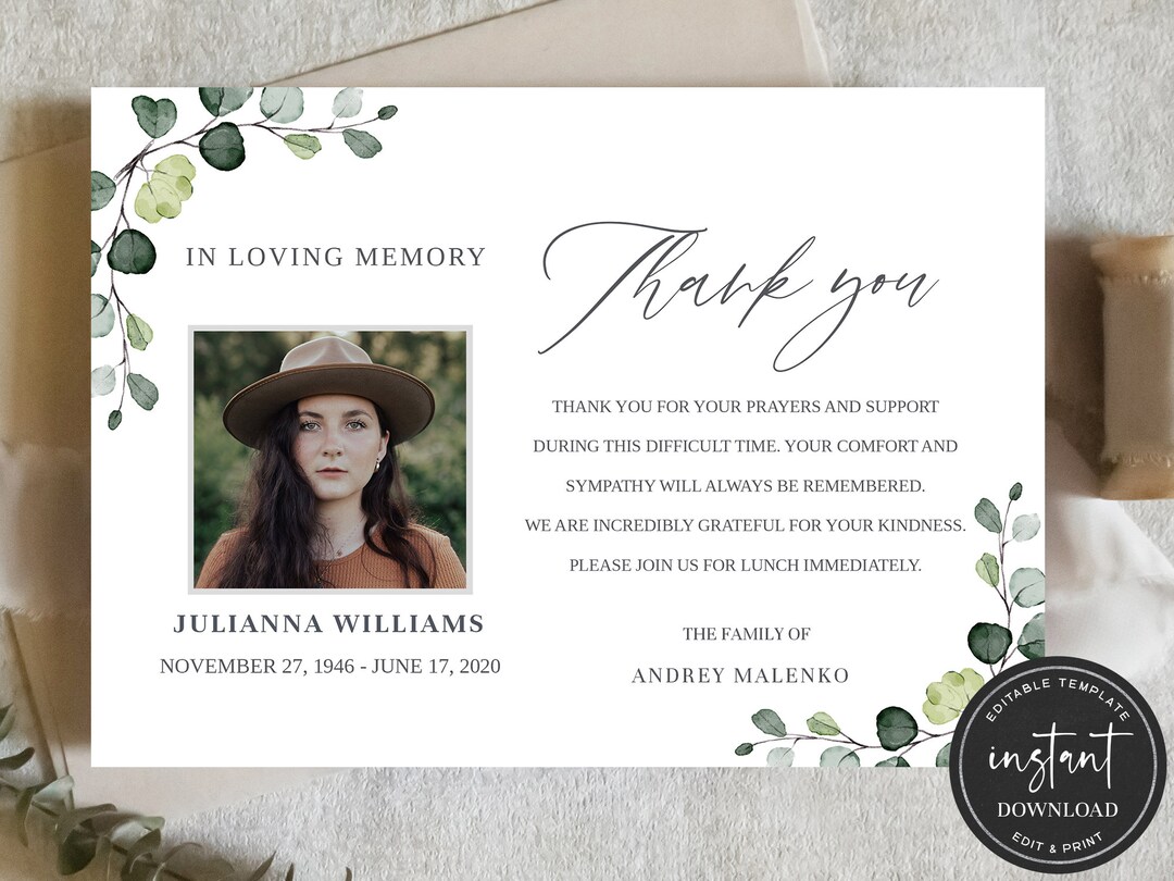 Greenery Funeral Thank You Card Template, Greenery Funeral Thank You ...