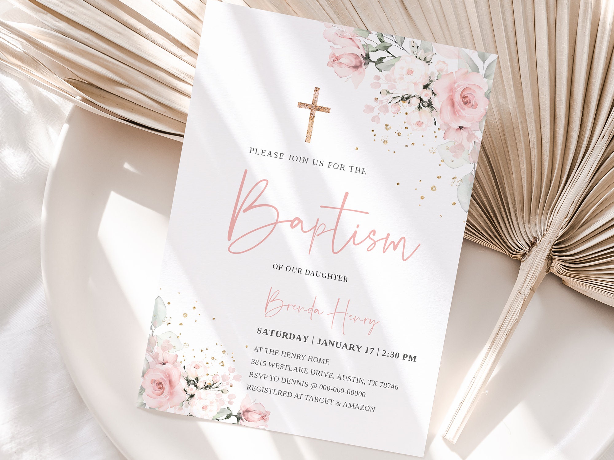 Baptism Invitation Template, Pink Baptism Invitation Template, Pink ...