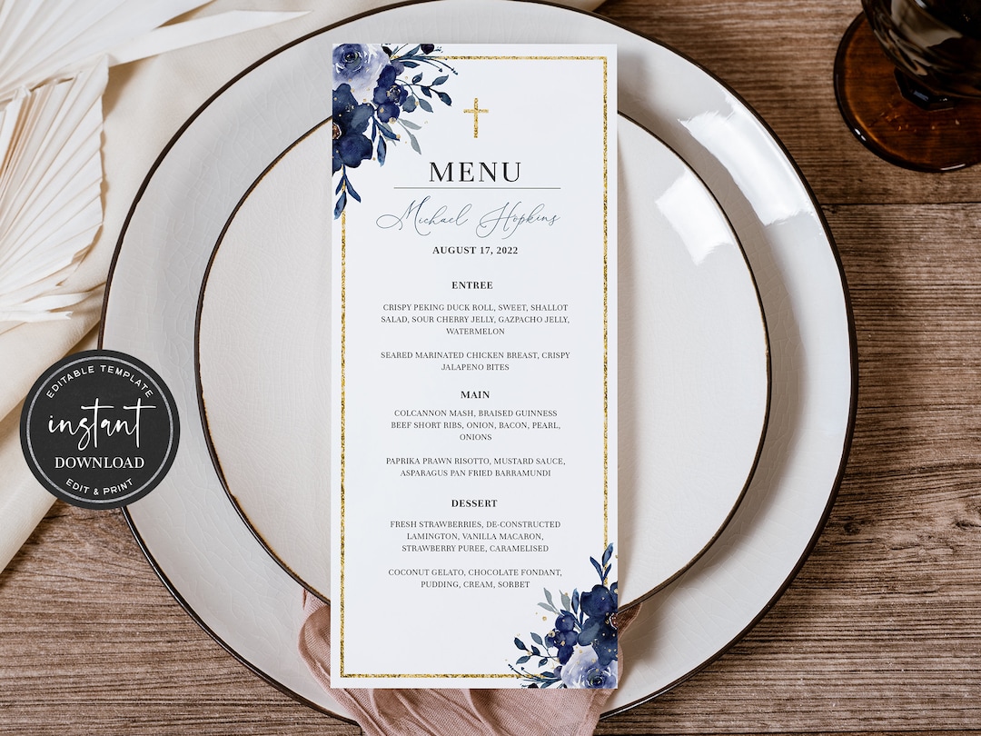 Blue Baptism Menu Template, Blue Gold Baptism Menu, Watercolor Baptism ...