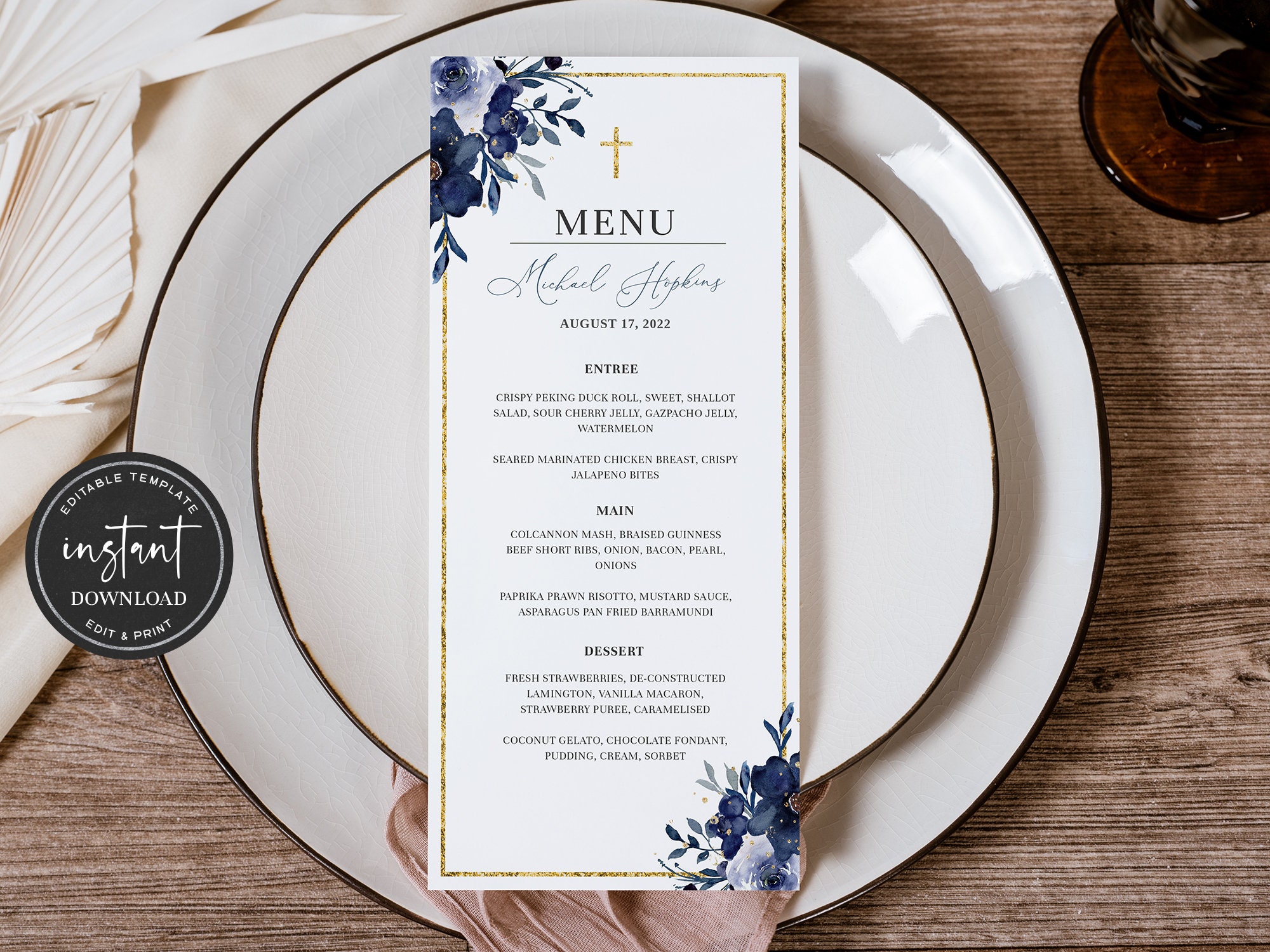 Blue Baptism Menu Template, Blue Gold Baptism Menu, Watercolor Baptism ...