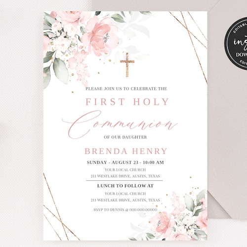 Pink First Holy Communion Invitation Template Pink Watercolor - Etsy ...