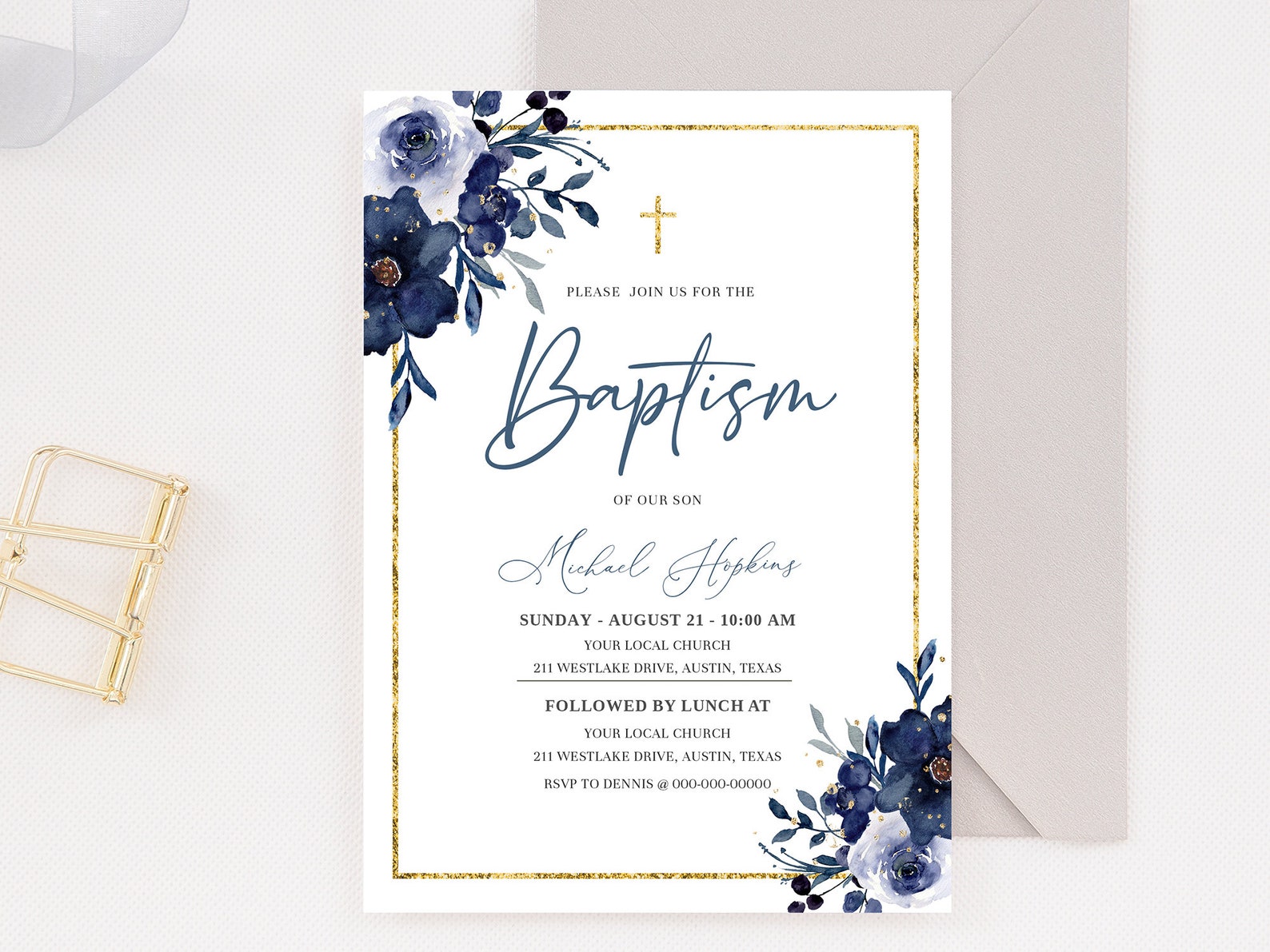 Blue Baptism Invitation Template, Gold Baptism Invitation, Blue ...