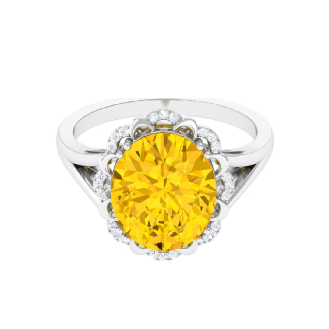 Lab Created Yellow Sapphire Silver Ring, 10x12mm Oval Cut Yellow ...