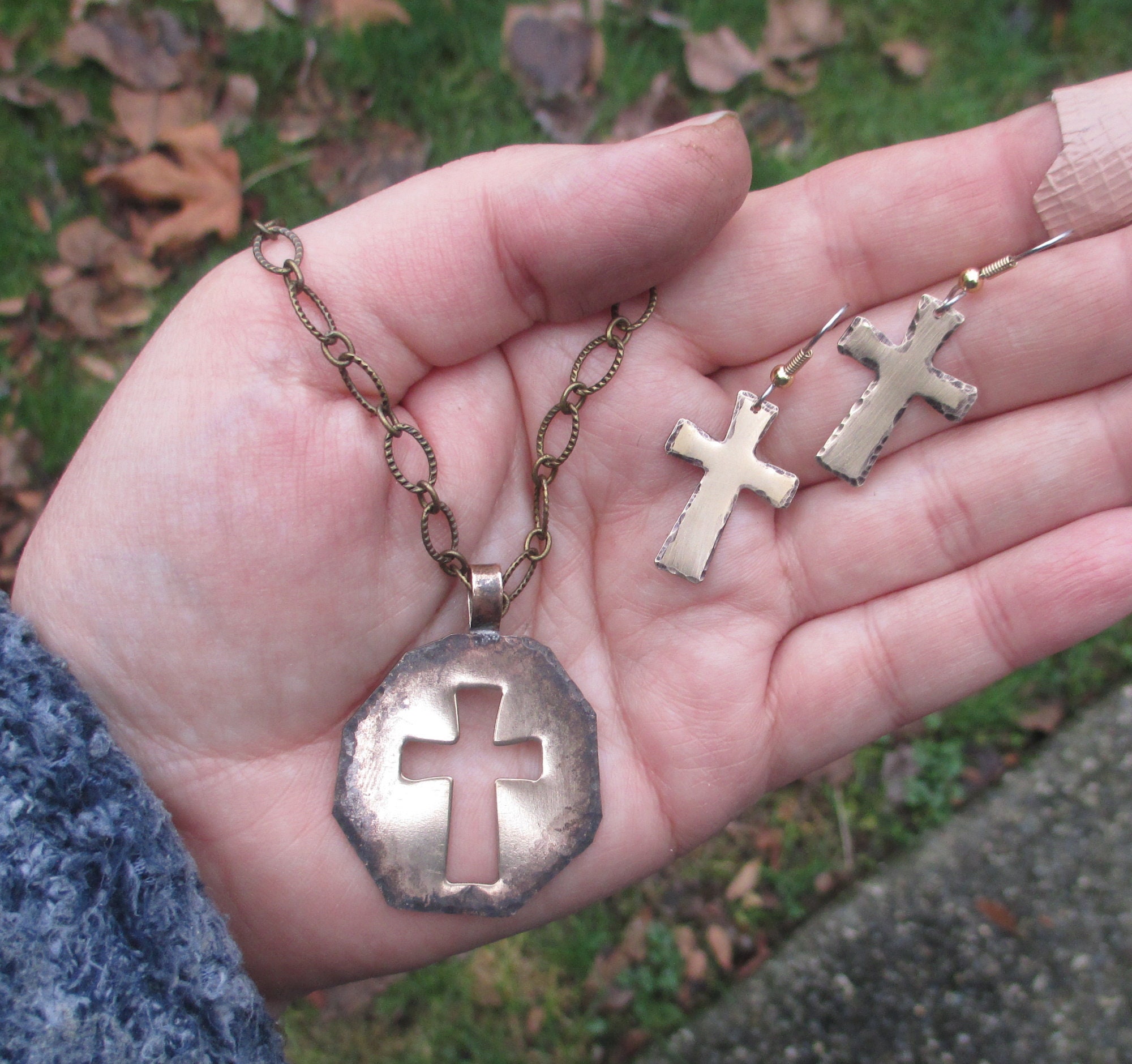 Brass Rustic Cross Necklace and Earrings - Etsy