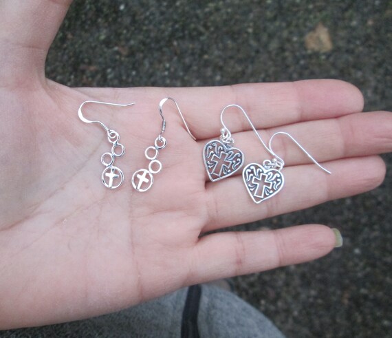 Sterling Silver Heart Cross or Circles Cross Earrings Etsy