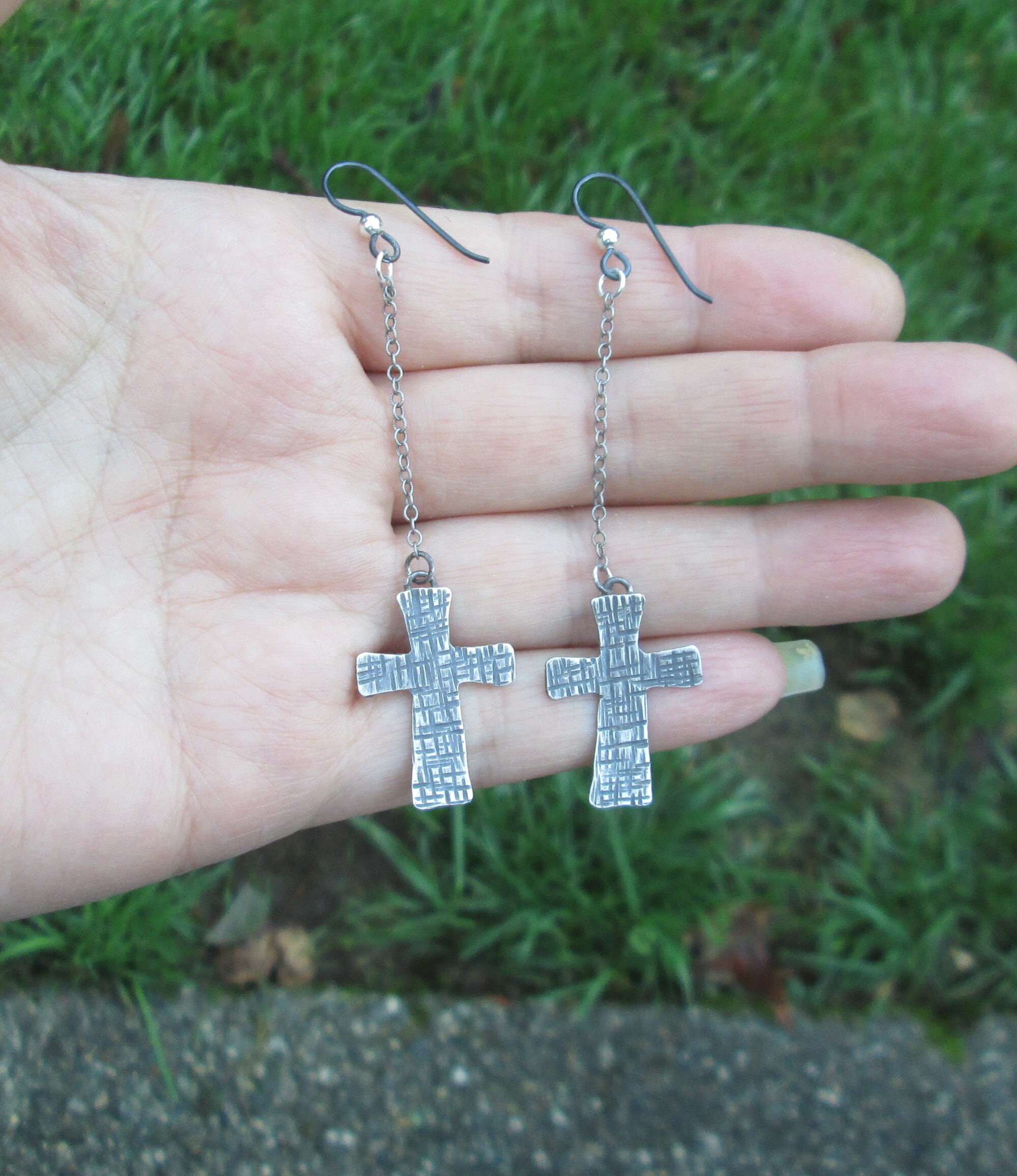 Sterling Silver Chain and Cross Earrings - Etsy