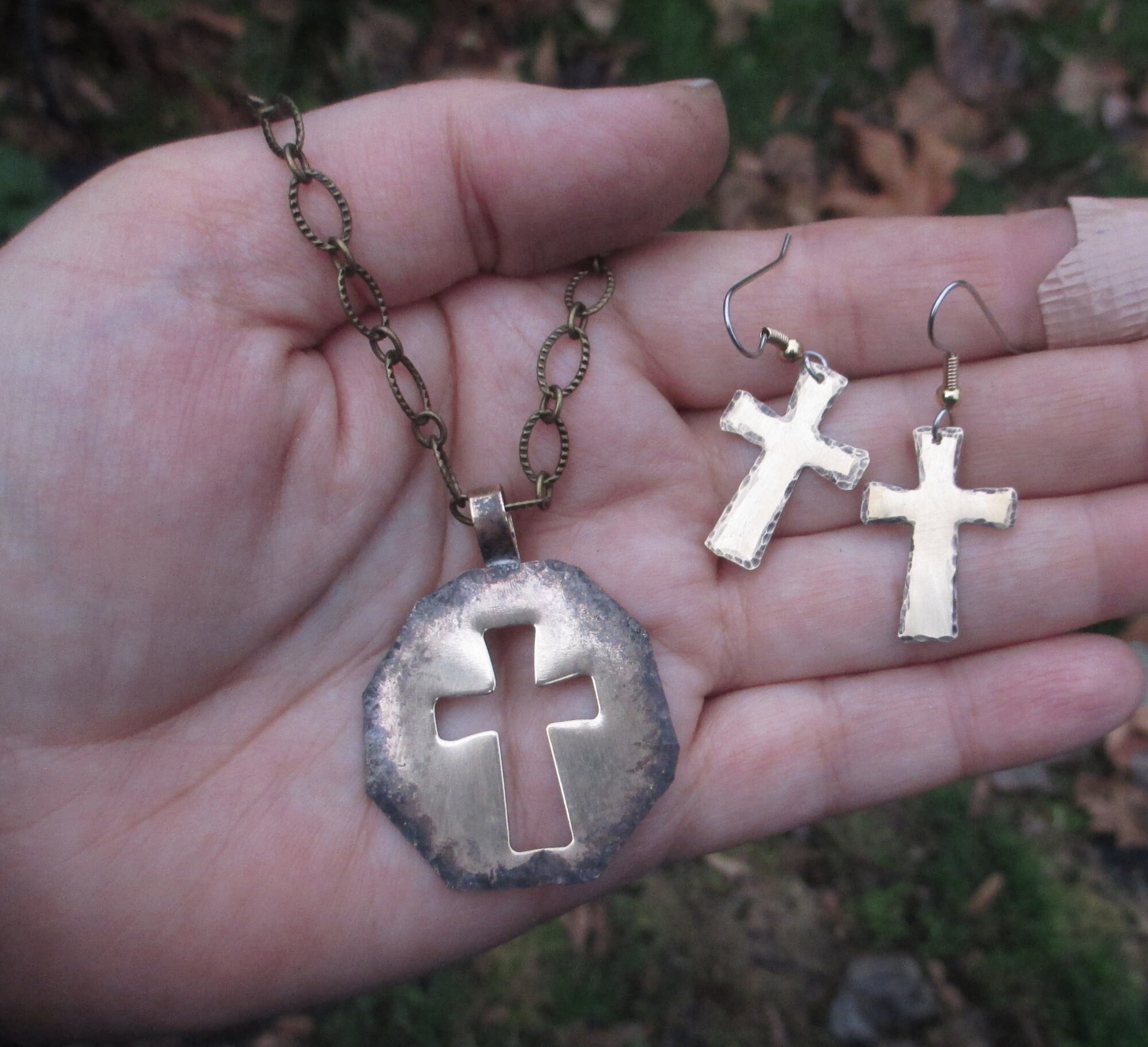 Brass Rustic Cross Necklace and Earrings - Etsy