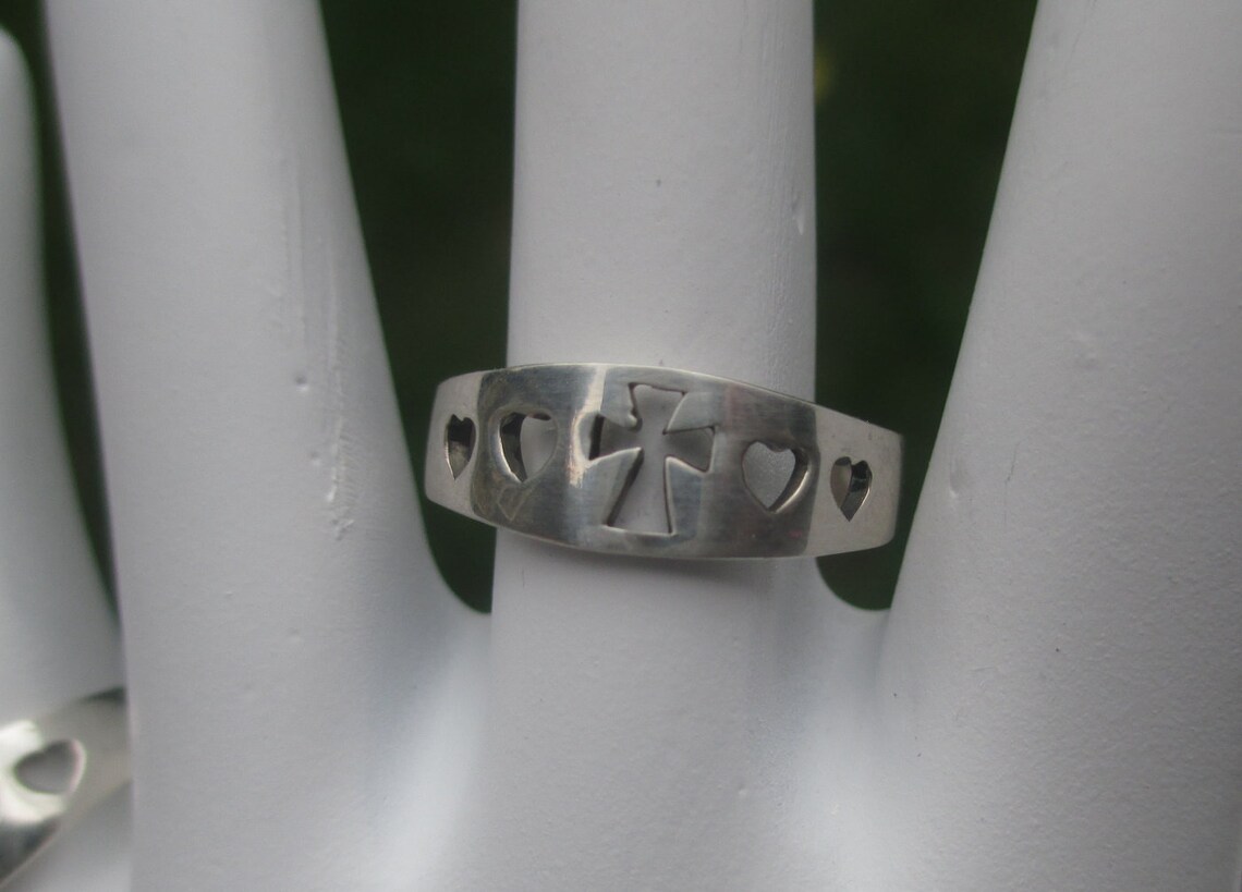 Sterling Silver Hearts and Cross Finger Ring - Etsy