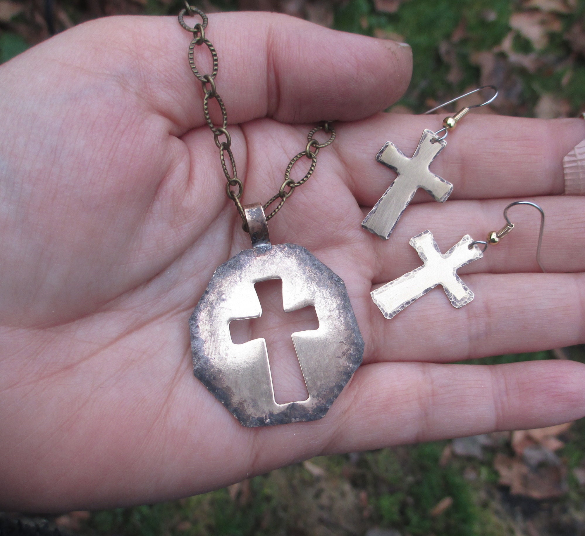Brass Rustic Cross Necklace and Earrings - Etsy