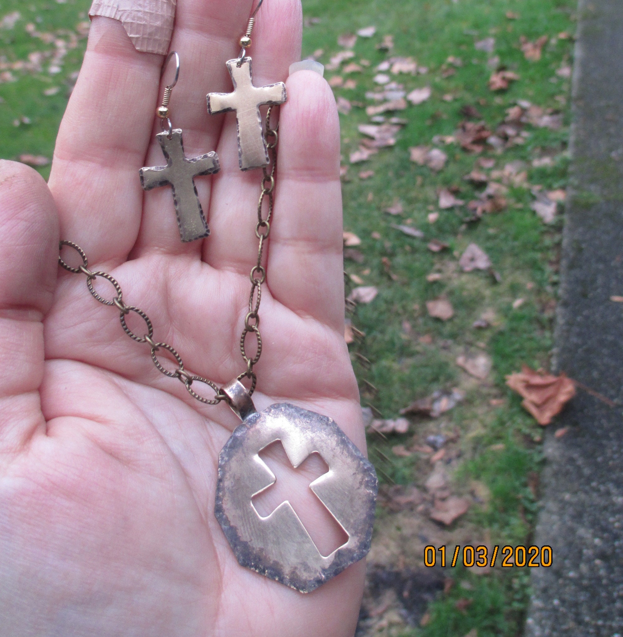 Brass Rustic Cross Necklace and Earrings - Etsy