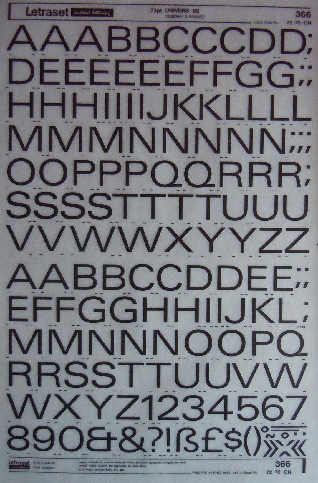 UNIVERS 53 (72pt/60pt/48pt/36pt/24pt/14pt) LETRASET Vintage Instant Rub ...