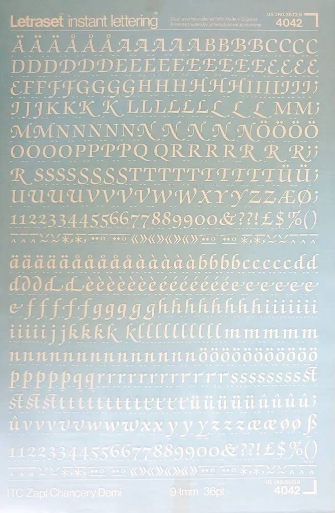 Letraset rub on letter/number transfers White ZAPF CHANCERY BOLD 36pt ...