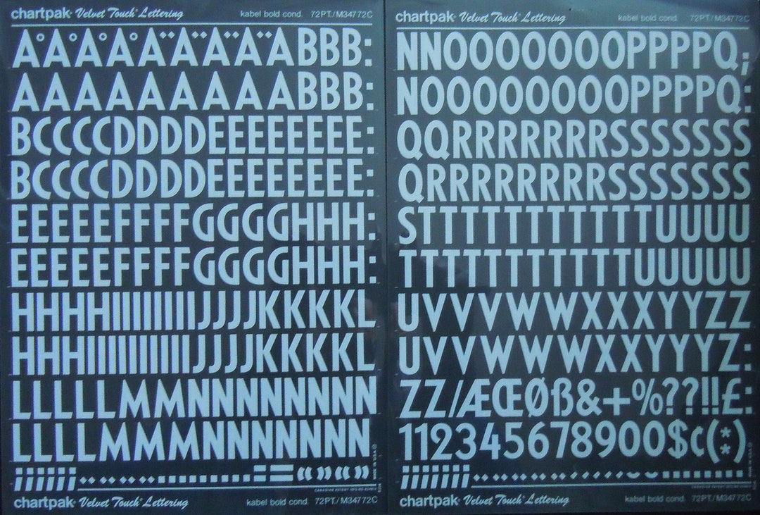 KABEL BOLD CONDENSED (72pt/60pt/48pt/36pt) White Chartpak Letter/number ...