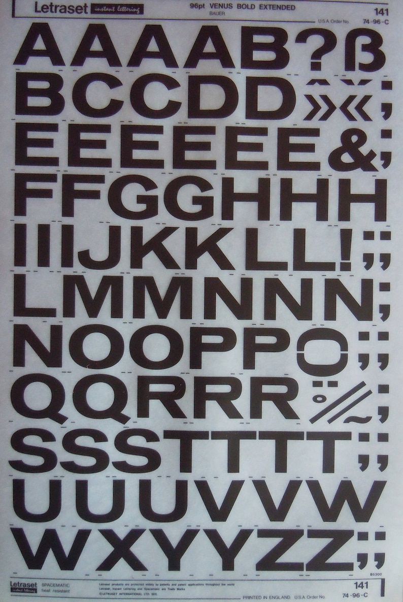 VENUS BOLD EXTENDED (16pt/66pt/96pt) Letraset Vintage Instant Rub on ...