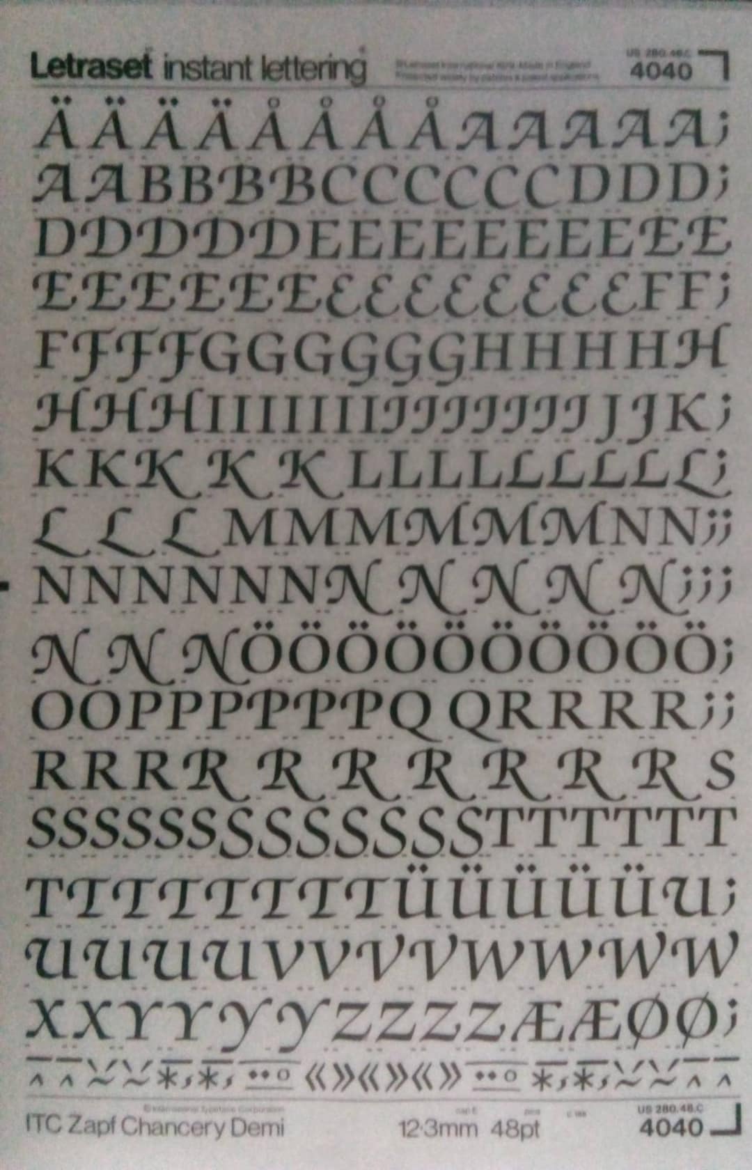 ITC ZAPF CHANCERY Demi (48pt/30pt) Letraset Vintage Dry Rub on Letter ...