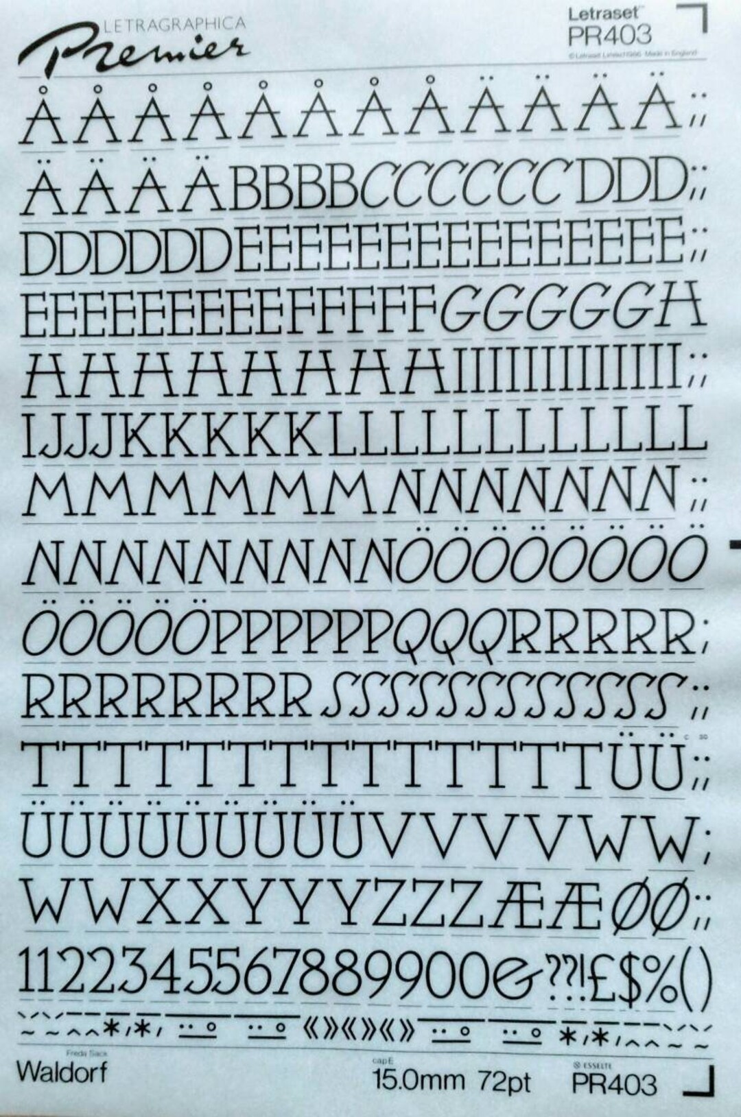 WALDORF (72pt/48pt) Letragraphica Premier Letraset Dry Rub on Letter ...