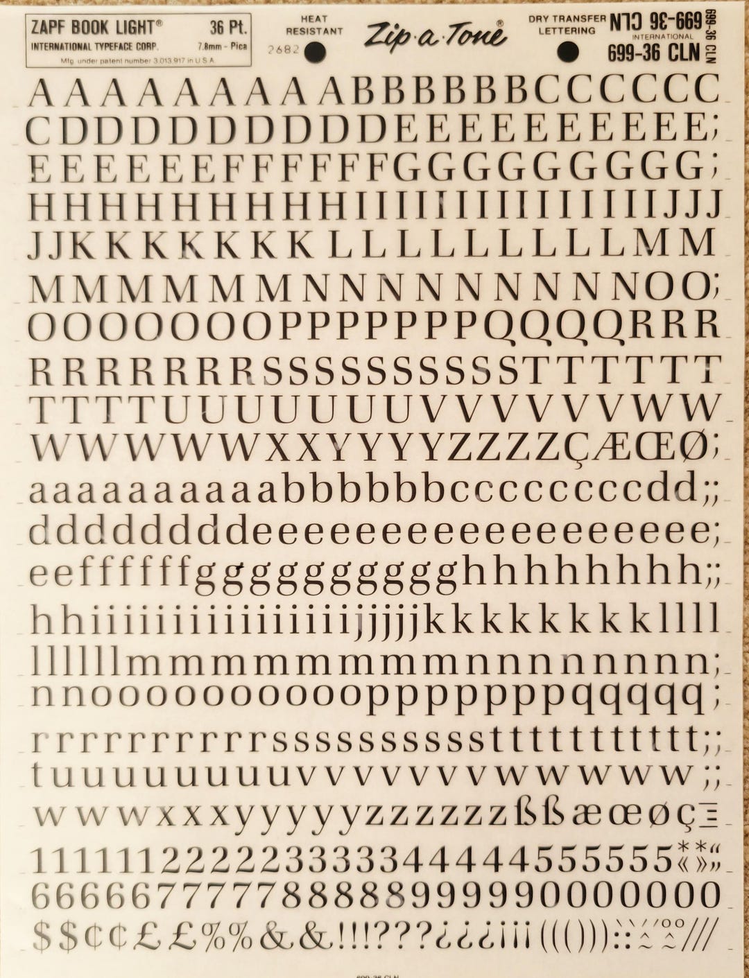 ZAPF BOOK LIGHT (36pt) Zip a Tone Dry Transfer Instant Lettering ...
