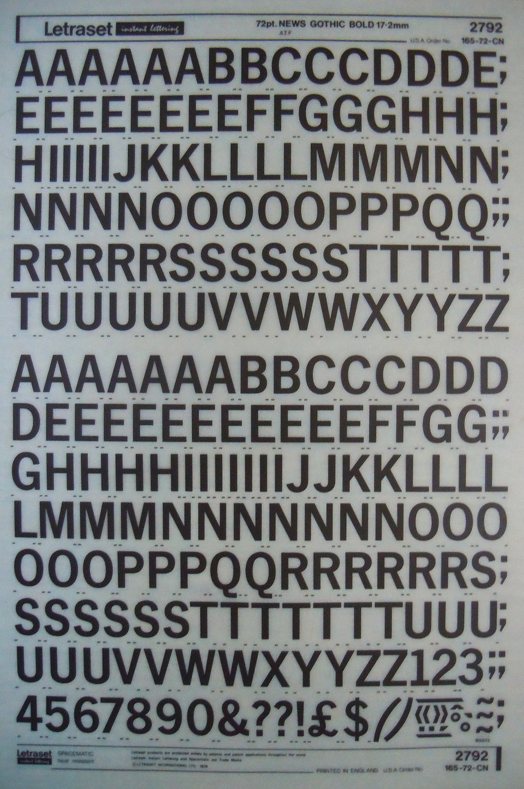 NEWS GOTHIC BOLD (48pt/60pt/72pt) Letraset Instant Rub on Letter ...