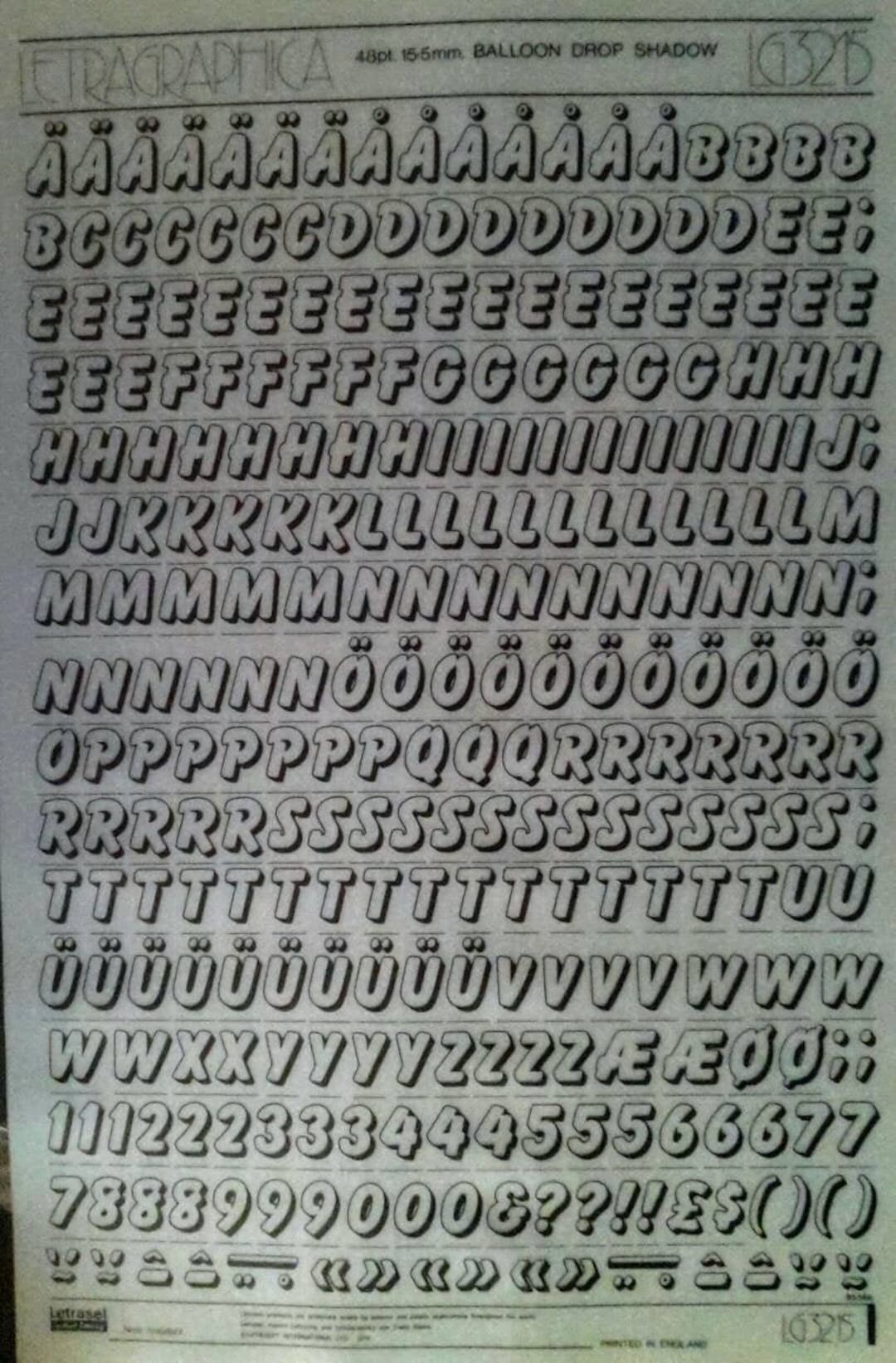 BALLOON DROP SHADOW (48pt) Letragraphica Letraset Instant Rub on Letter ...
