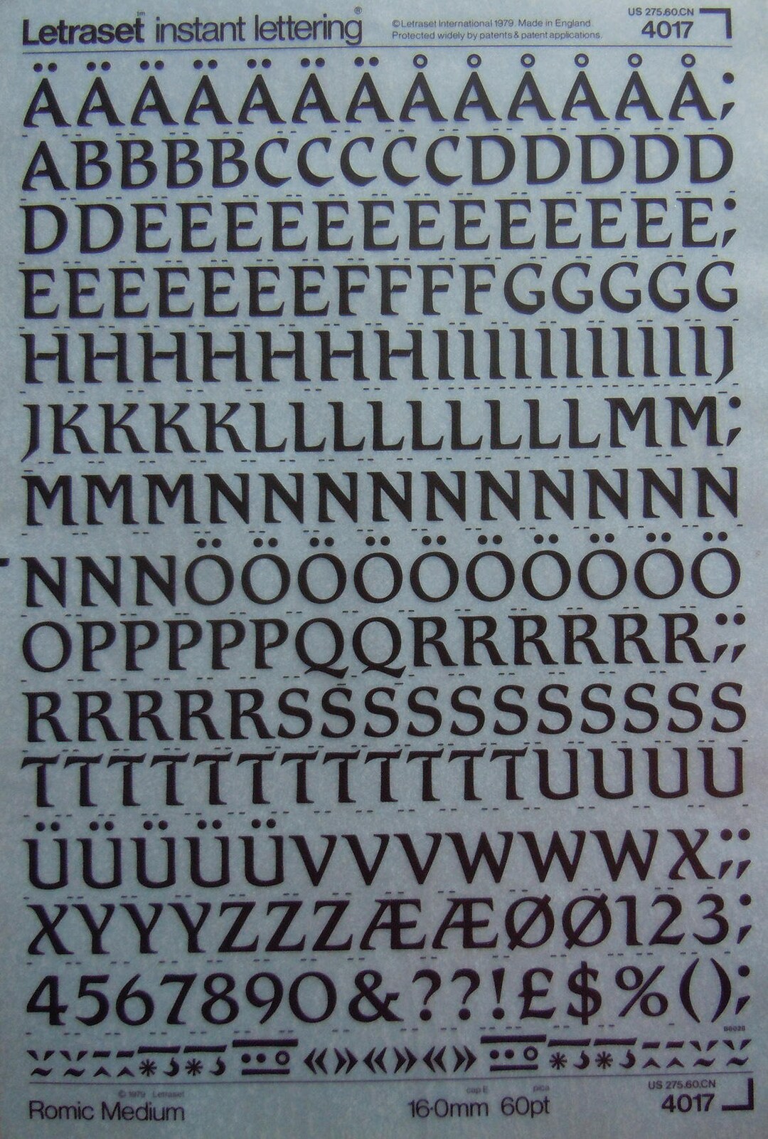 ROMIC MEDIUM (36pt/60pt) Letraset Instant Rub on Letter Transfers ...