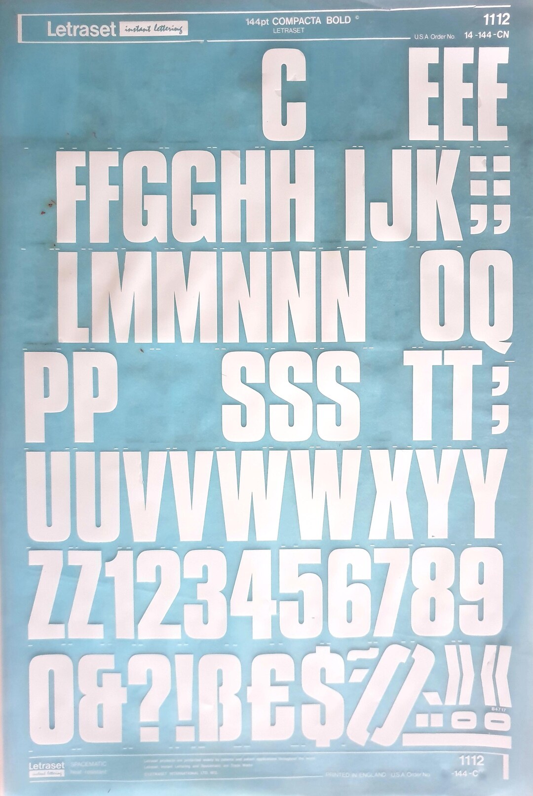 COMPACTA BOLD (144pt/60pt) White Letraset Instant Rub on Transfer ...