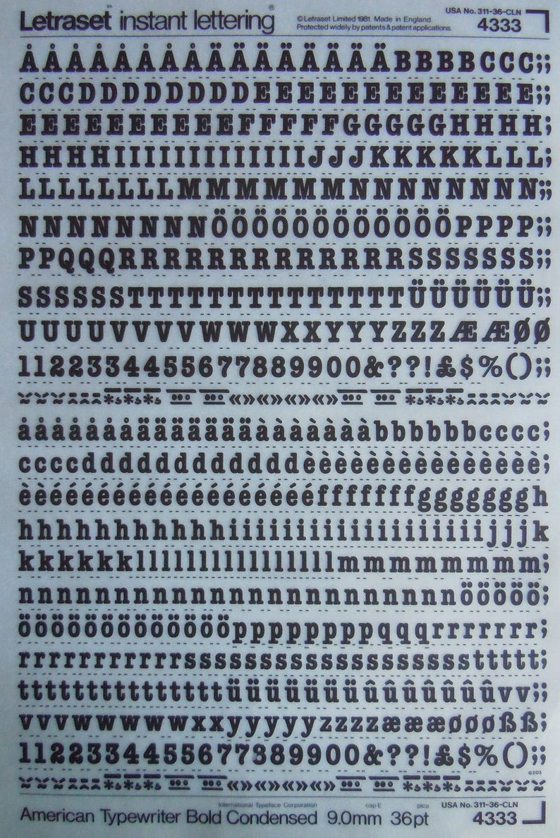 AMERICAN TYPEWRITER Bold CONDENSED (60pt/48pt/36pt/30pt) Letraset ...