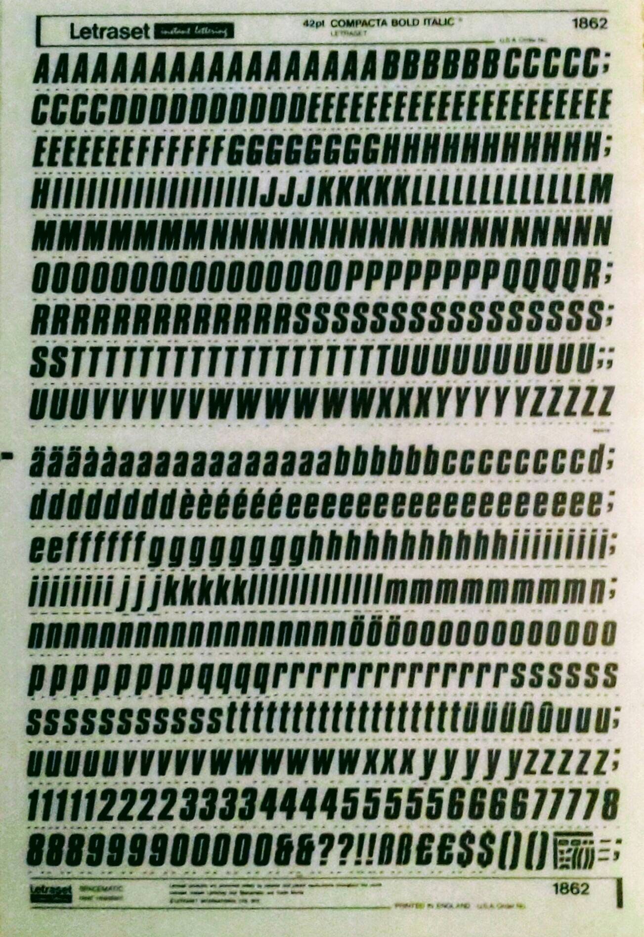 COMPACTA BOLD ITALIC 72pt/42pt/30pt Letraset Dry Rub on Letter/number ...