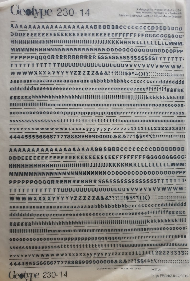 FRANKLIN GOTHIC (14pt) Geotype Instant Lettering Vintage Rub on Letter ...