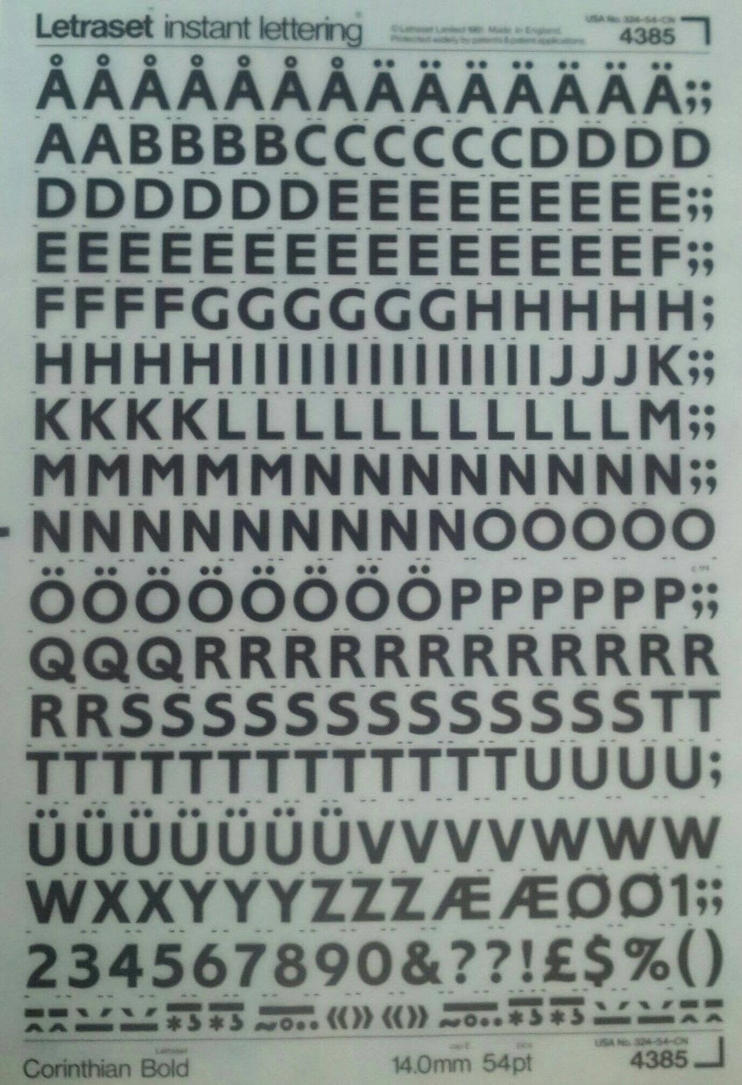 CORINTHIAN BOLD (54pt/42pt/30pt/24pt) Letraset Instant Rub on Letter ...