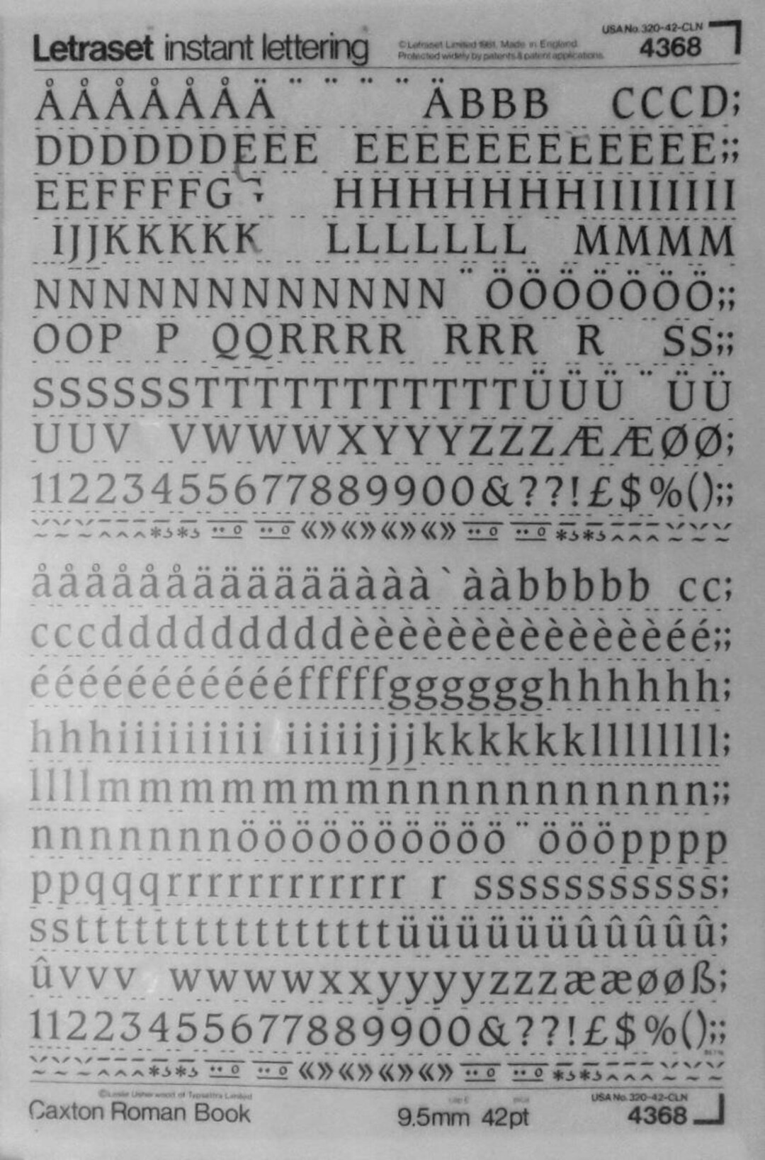 CAXTON ROMAN BOLD 24pt/42pt Letraset Vintage Rub on Letter/number ...