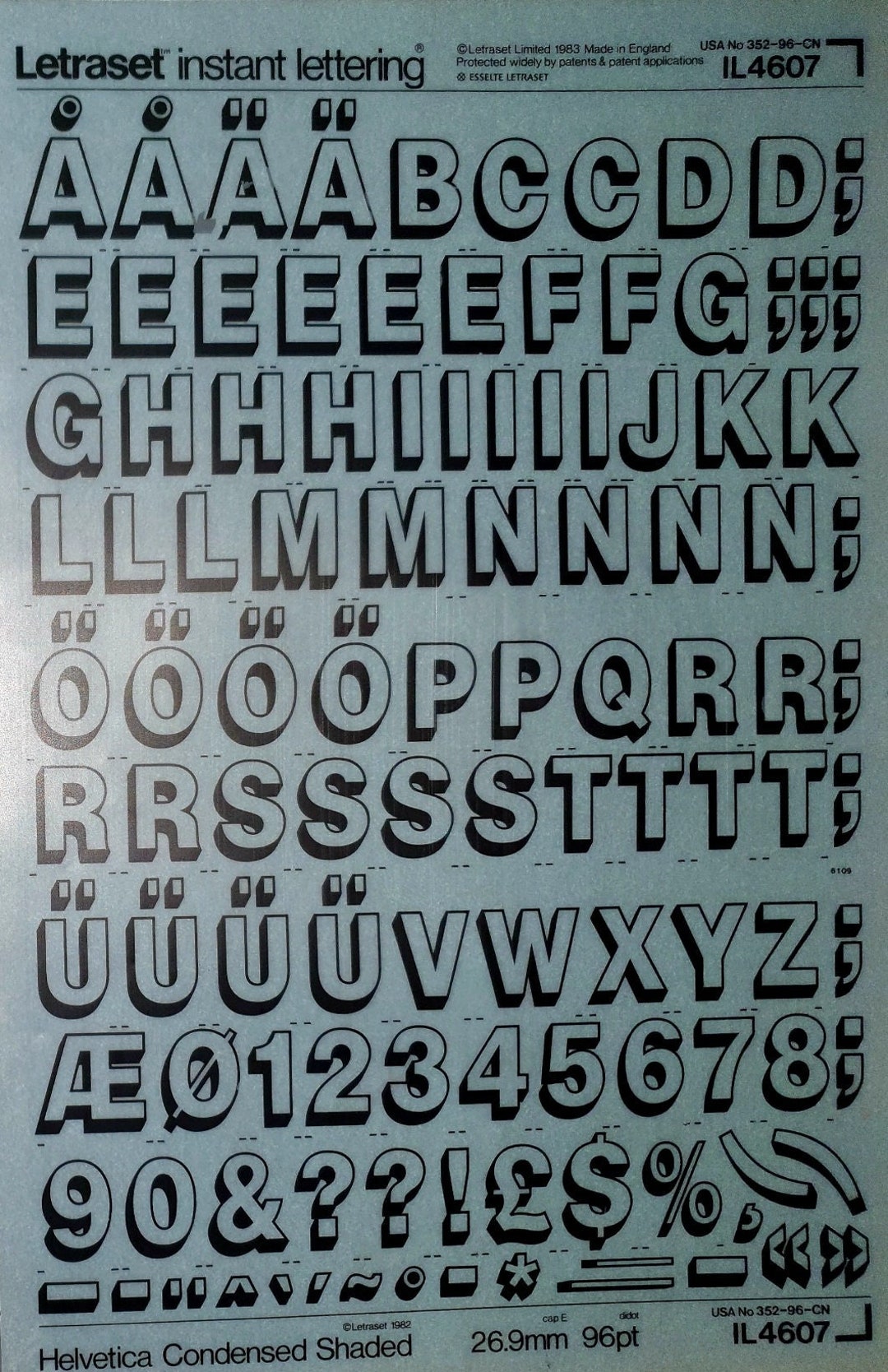 HELVETICA CONDENSED SHADED (30pt/42pt/60pt/72pt) Letraset Letragraphica / Mecanorma Dry Rub on ...