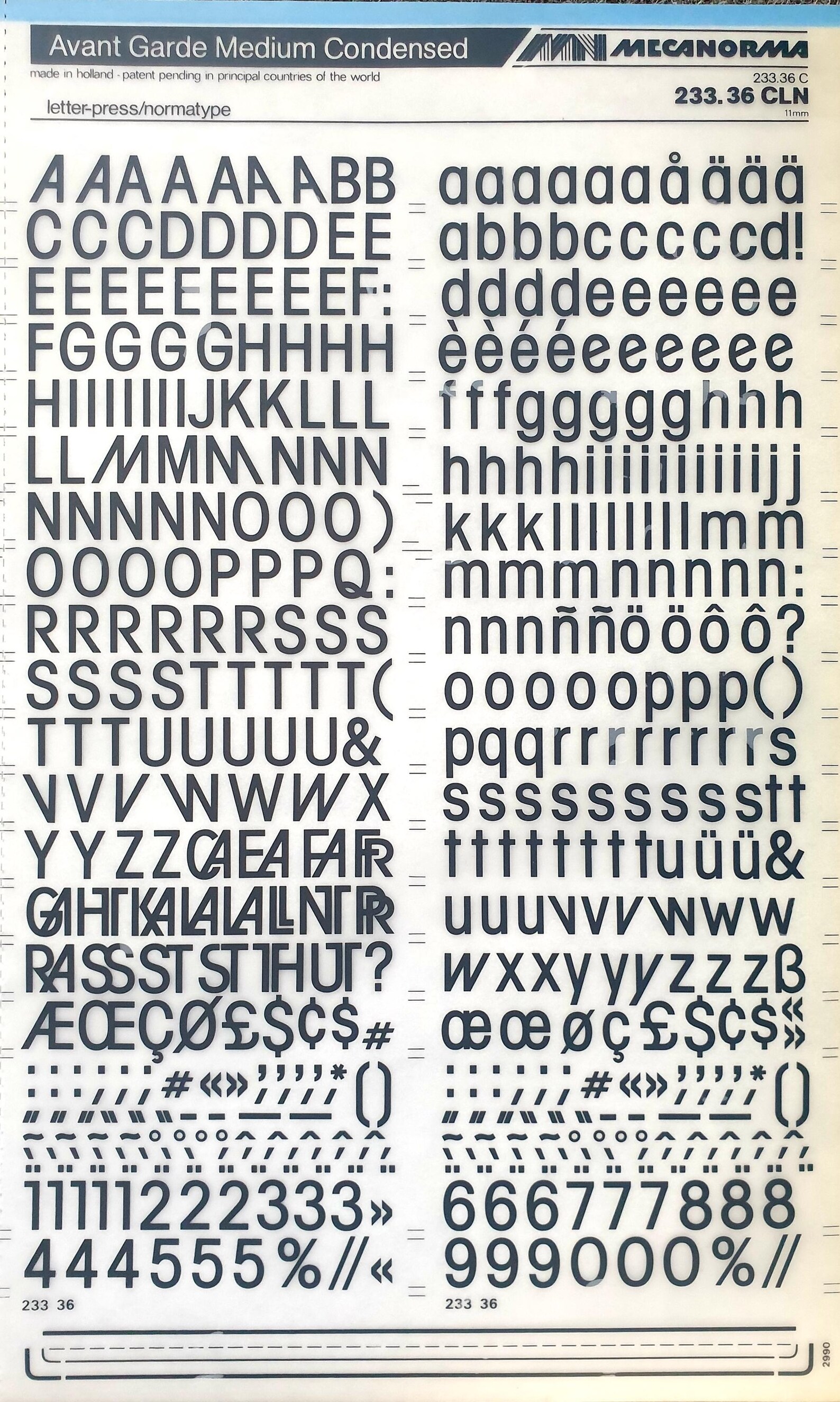 AVANT GARDE MEDIUM Condensed (72pt/48pt/36pt/24pt) Mecanorma Letter ...