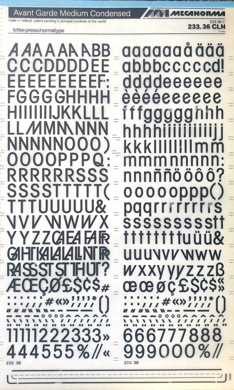AVANT GARDE MEDIUM Condensed (72pt/48pt/36pt/24pt) Mecanorma Letter ...