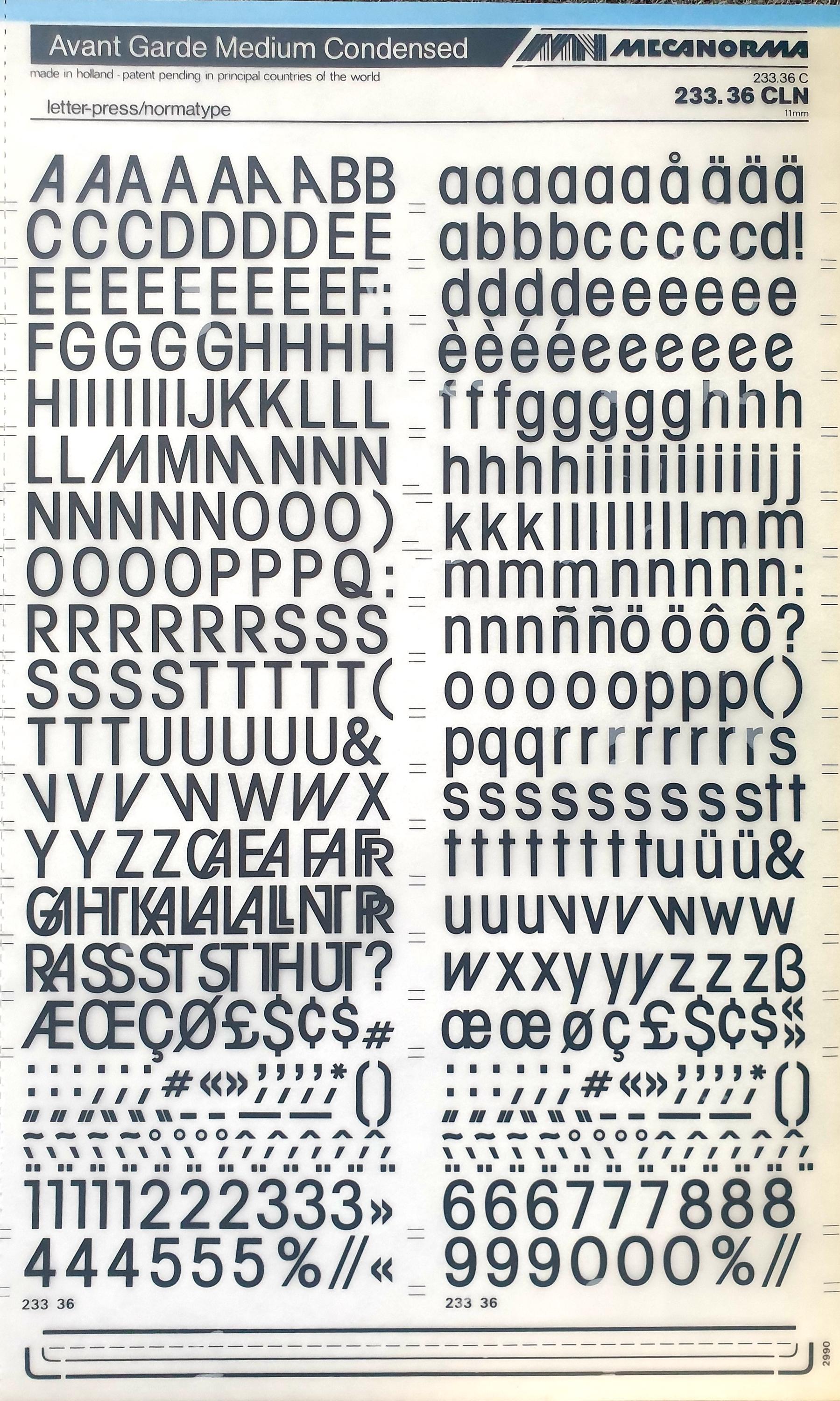 AVANT GARDE MEDIUM Condensed (72pt/48pt/36pt/24pt) Mecanorma Letter ...