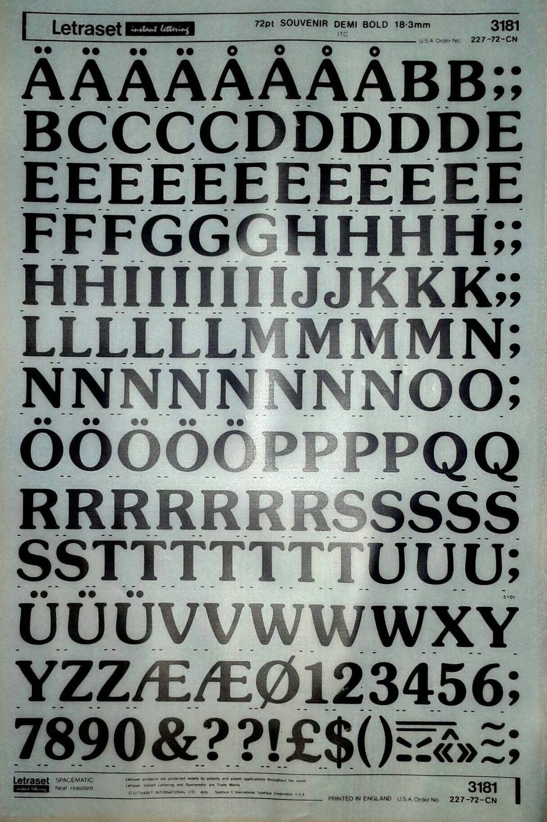 SOUVENIR DEMI BOLD (72pt/60pt/48pt/36pt) Letraset Vintage Rub on Letter ...