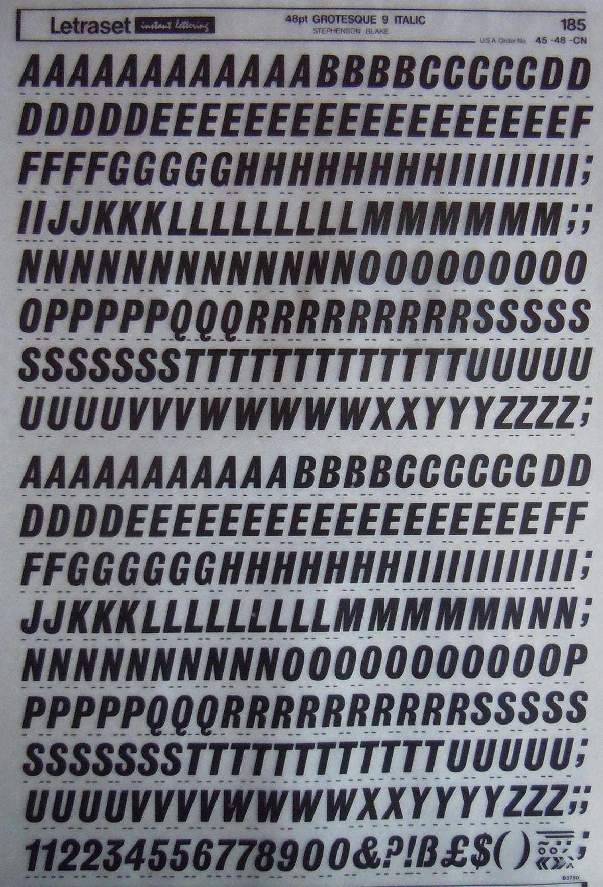 GROTESQUE 9 ITALIC (48pt/36pt/30pt/24pt) Letraset Vintage Instant Rub ...