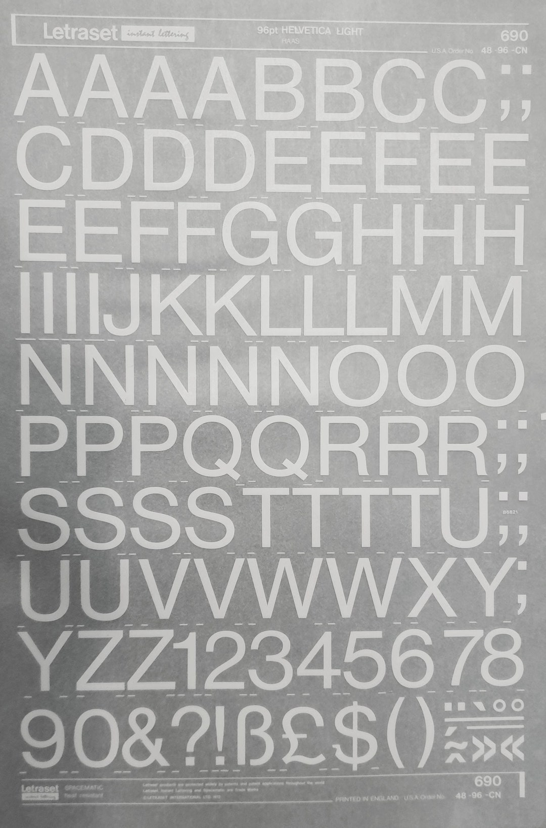 White HELVETICA LIGHT (96pt/84pt) Letraset Rub on Letter/number ...