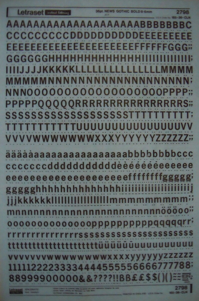 NEWS GOTHIC BOLD (48pt/60pt/72pt) Letraset Instant Rub on Letter ...