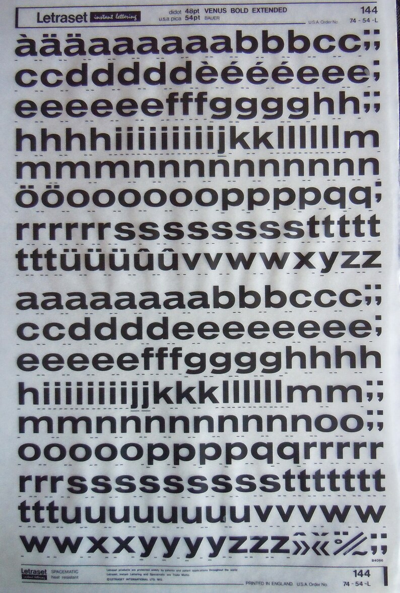 VENUS BOLD EXTENDED (16pt/66pt/96pt) Letraset Vintage Instant Rub on ...