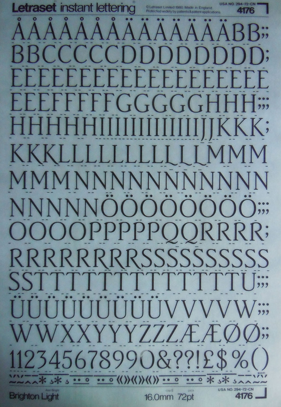 BRIGHTON LIGHT (72pt) Letraset Instant Lettering Rub on Letter ...