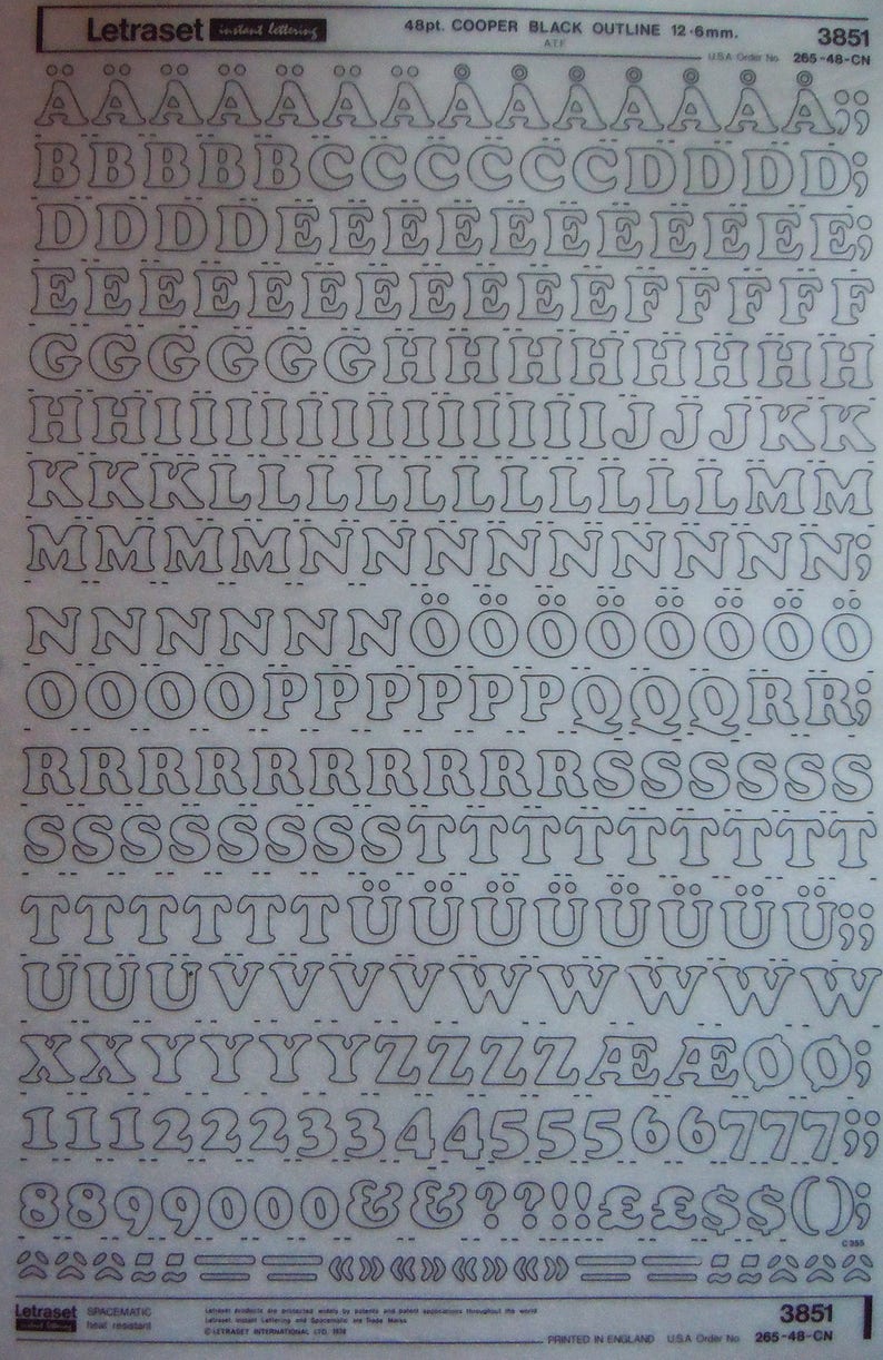 COOPER BLACK OUTLINE - Letraset Vintage Instant Rub on Letter Transfers ...