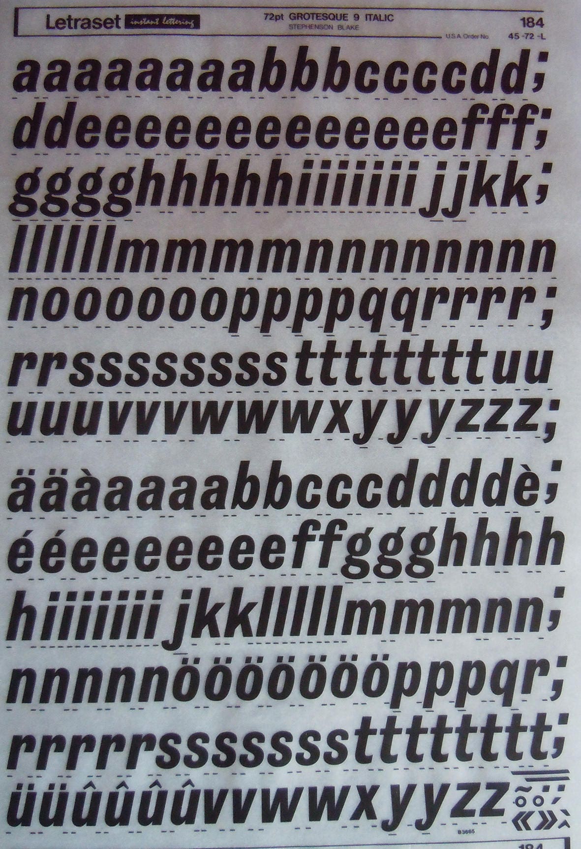 GROTESQUE 9 ITALIC (48pt/36pt/30pt/24pt) Letraset Vintage Instant Rub ...