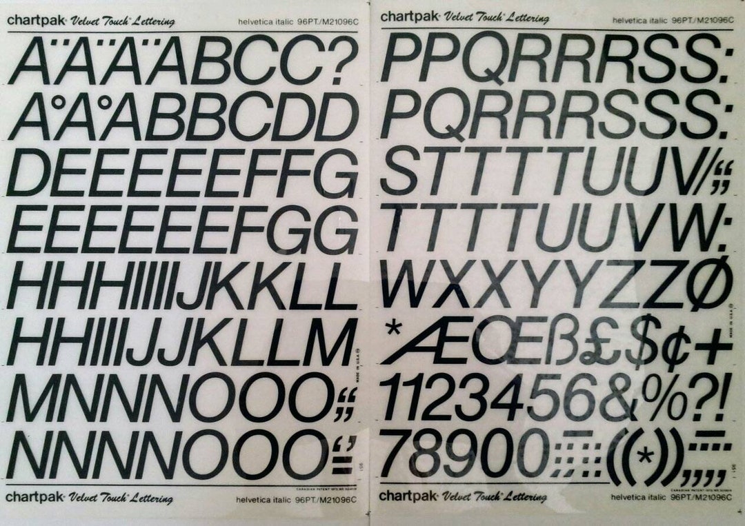 HELVETICA ITALIC (48pt/60pt/72pt/96pt) Chartpak Letter/number Dry Rub ...
