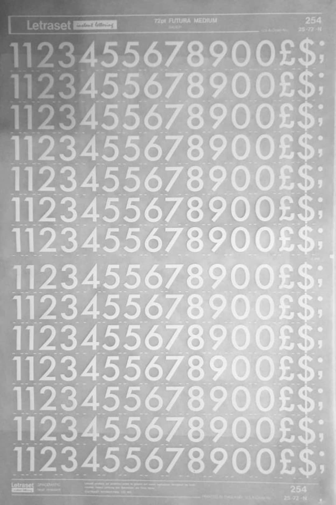 White FUTURA MEDIUM NUMBERS (72pt/48pt/30pt/20pt) Letraset Instant Rub ...