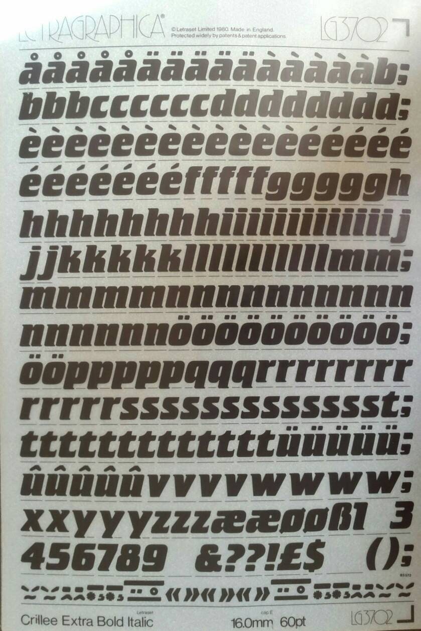 CRILLEE Extra BOLD ITALIC (36pt - 60pt) Letragraphica Letraset Dry Rub ...