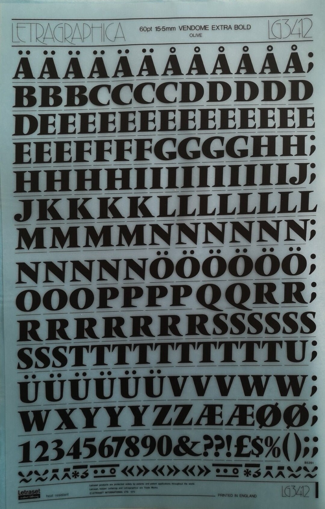 VENDOME EXTRA BOLD (60pt/48pt/36pt) Letragraphica Letraset Dry Rub on ...