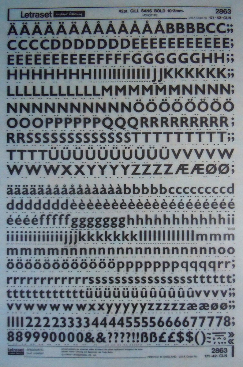 GILL SANS BOLD (60pt/48pt) Letraset Instant Dry Rub on Letter Transfers ...