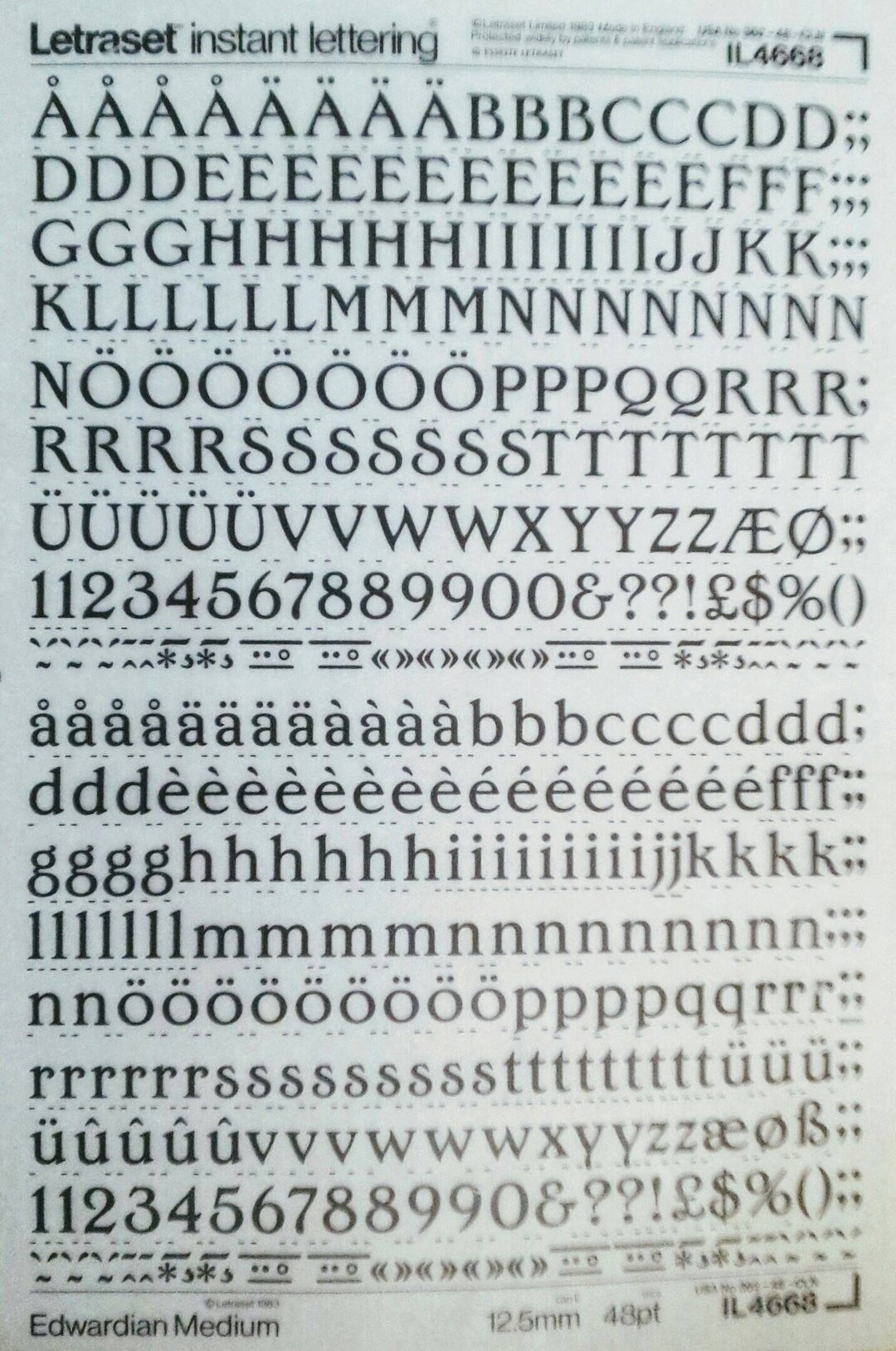 EDWARDIAN MEDIUM 20pt/24pt Letraset Rub on Letter Number Transfers ...
